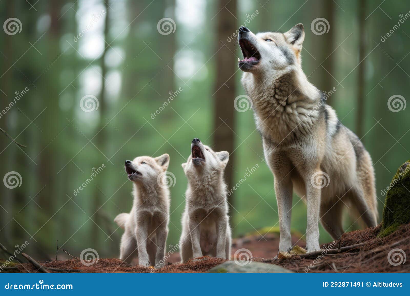 Two Wolves Howling with Their Baby in Forest Stock Image - Image of ...