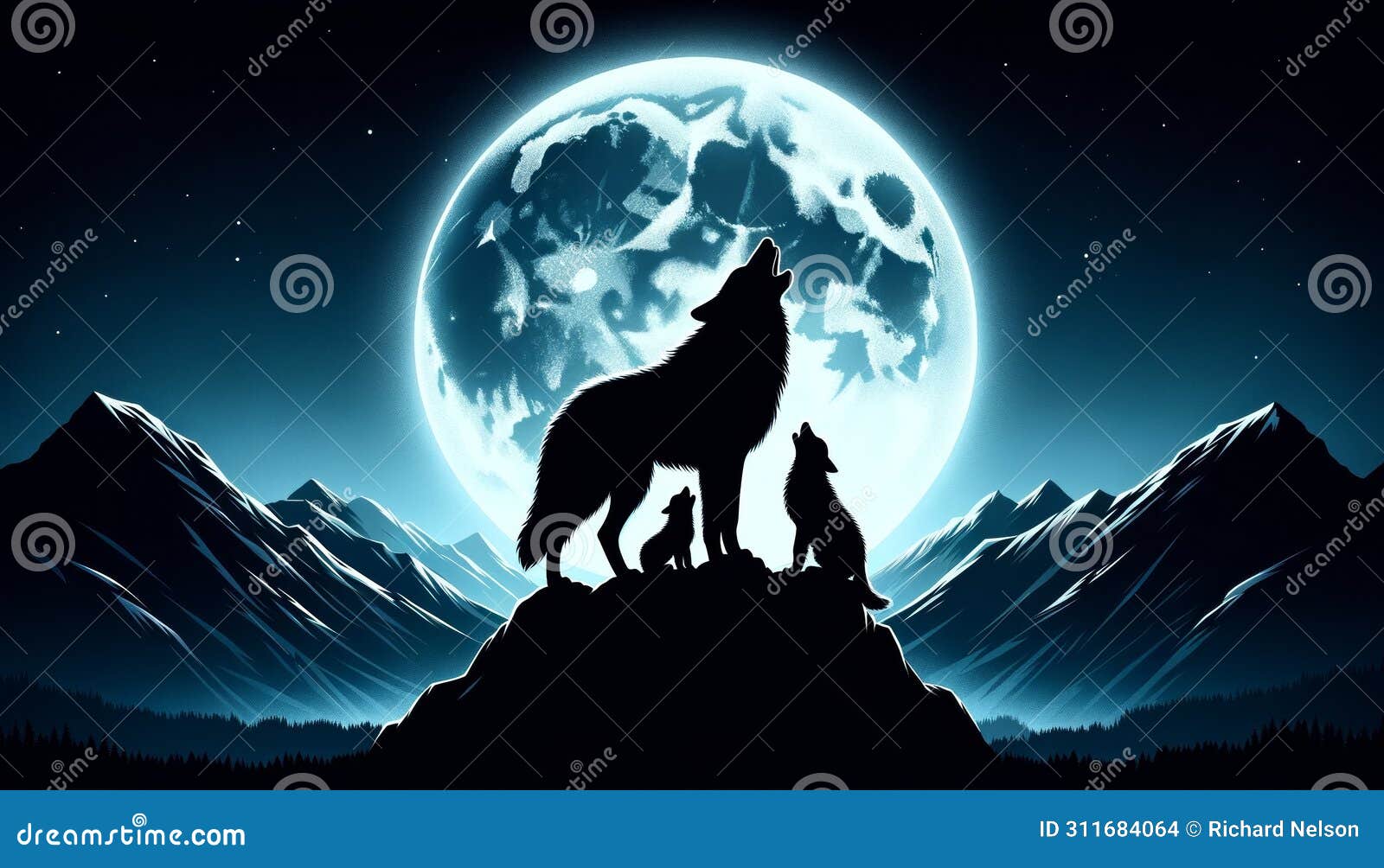 Two Wolves Howling Under a Full Moon Stock Illustration - Illustration ...