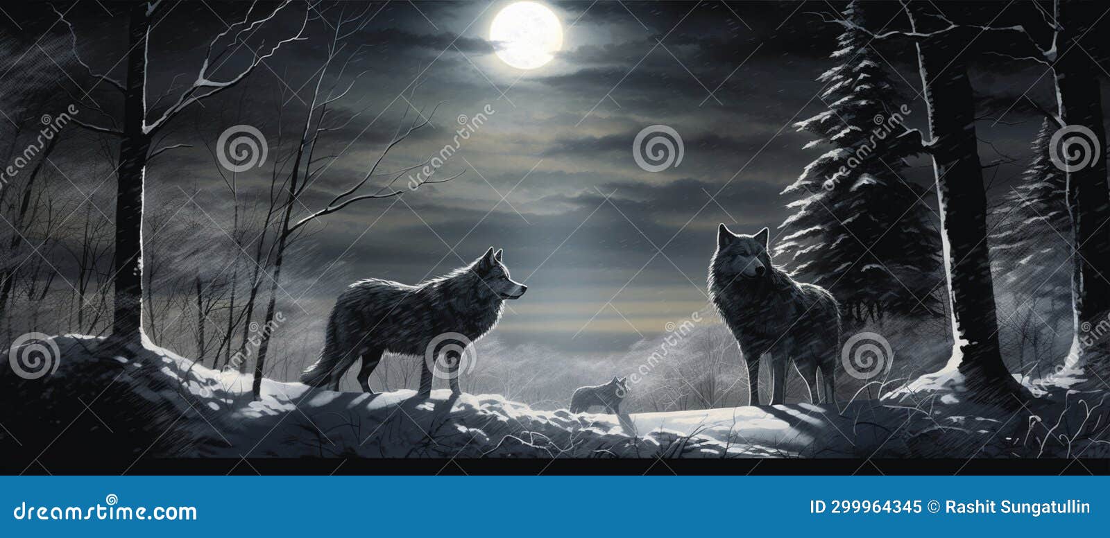 Two Wolves at Night in a Winter Forest Against the Backdrop of the Moon ...