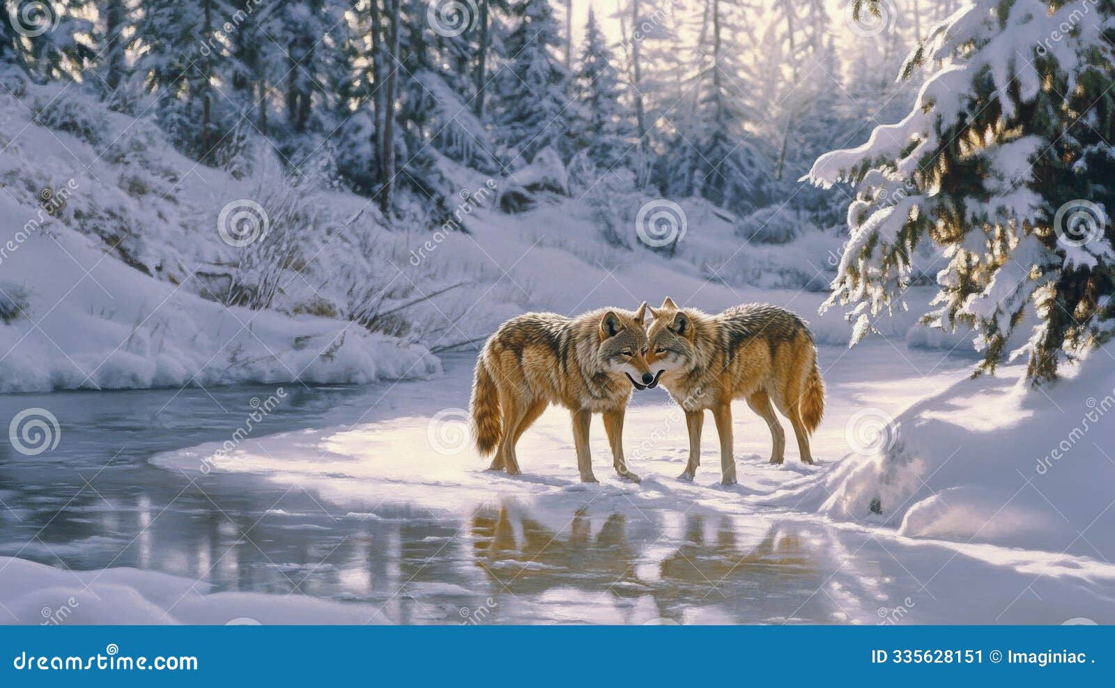 Two Wolves Standing on a Frozen River in a Snowy Forest Stock ...