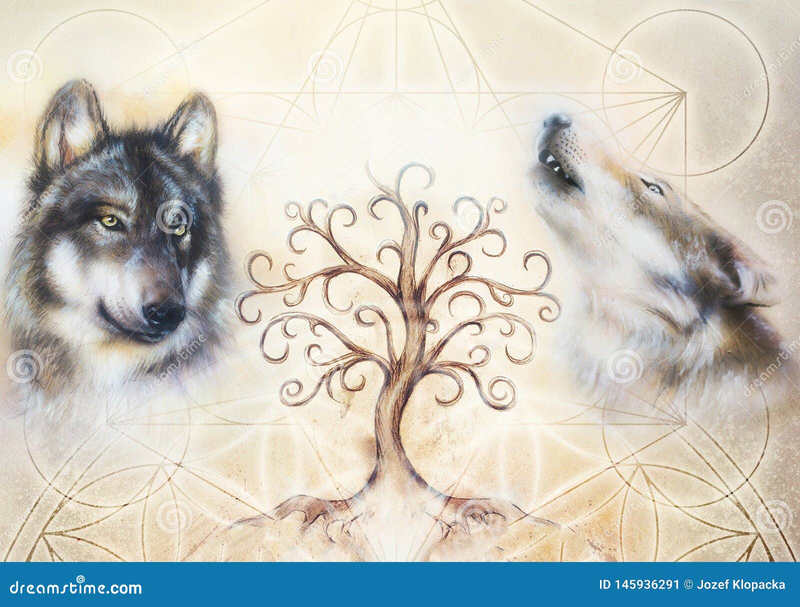 Two Wolves and Tree of Life Symbol with Sacred Geometry Pattern on the ...
