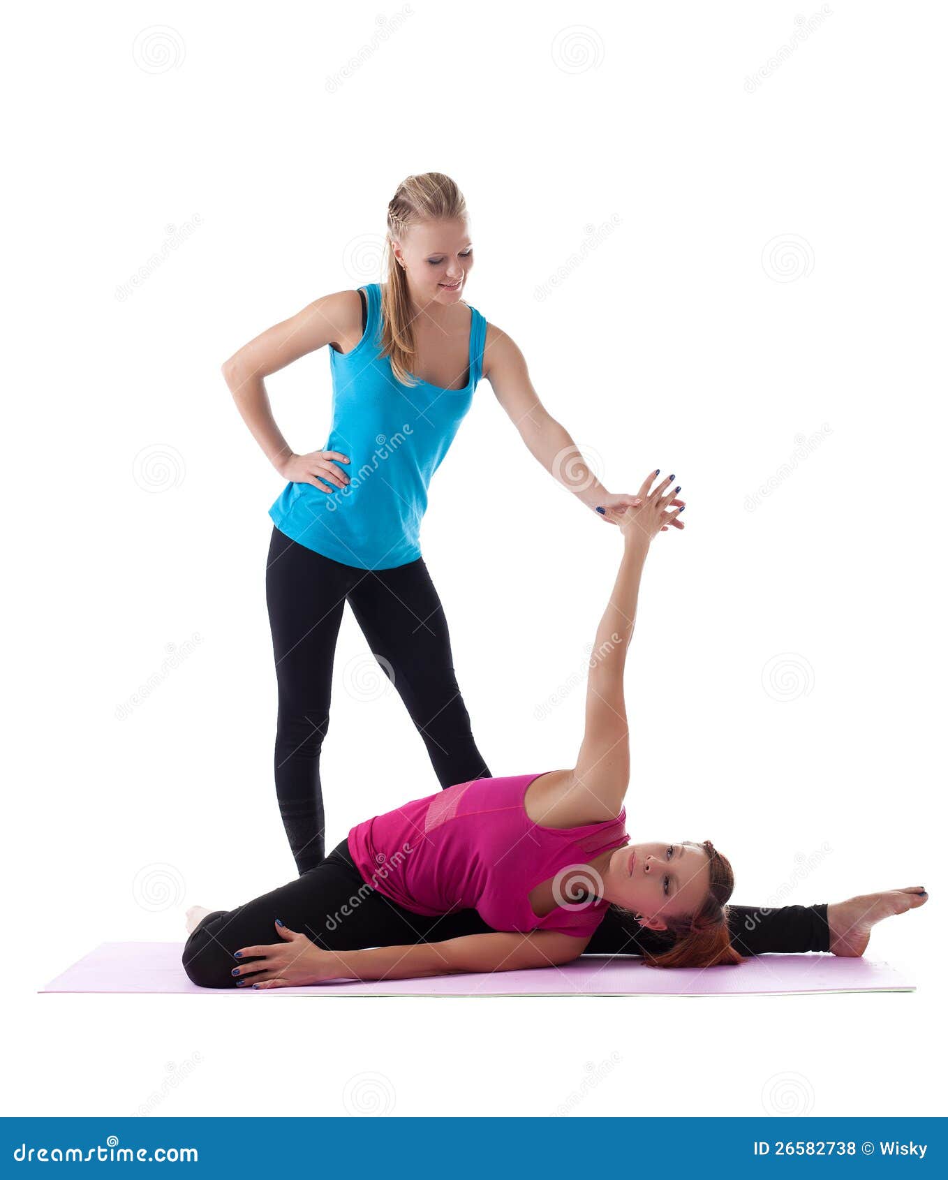 Two Woman Gymnast Trainer Help Doing Stretch Stock Photo - Image of ...