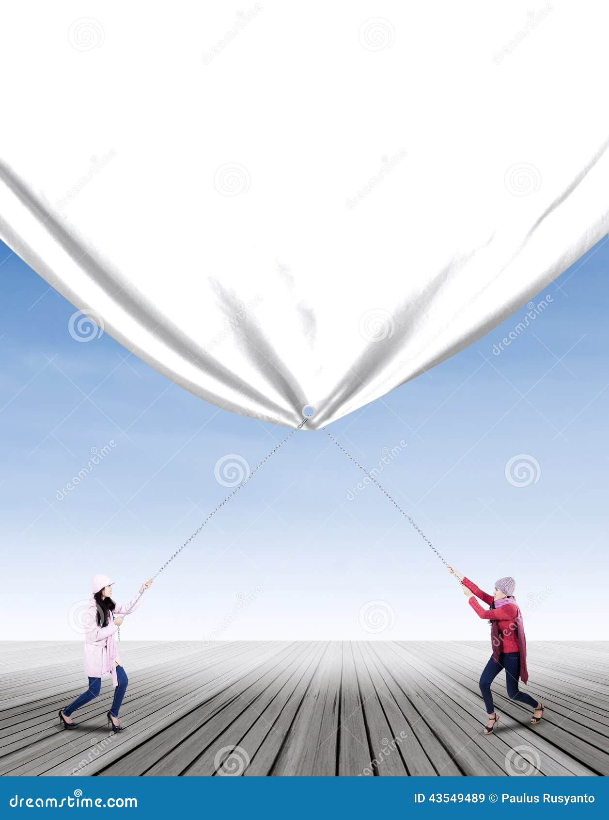Two Woman Pulling Empty Banner Stock Illustration - Illustration of ...