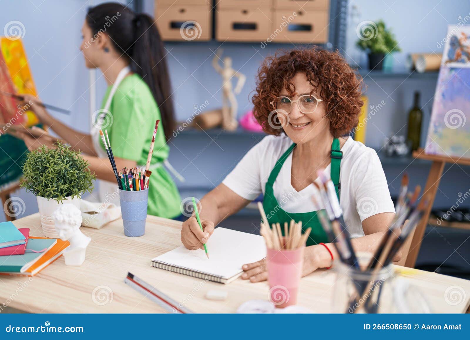 Two Women Artists Smiling Confident Drawing at Art Studio Stock Photo ...