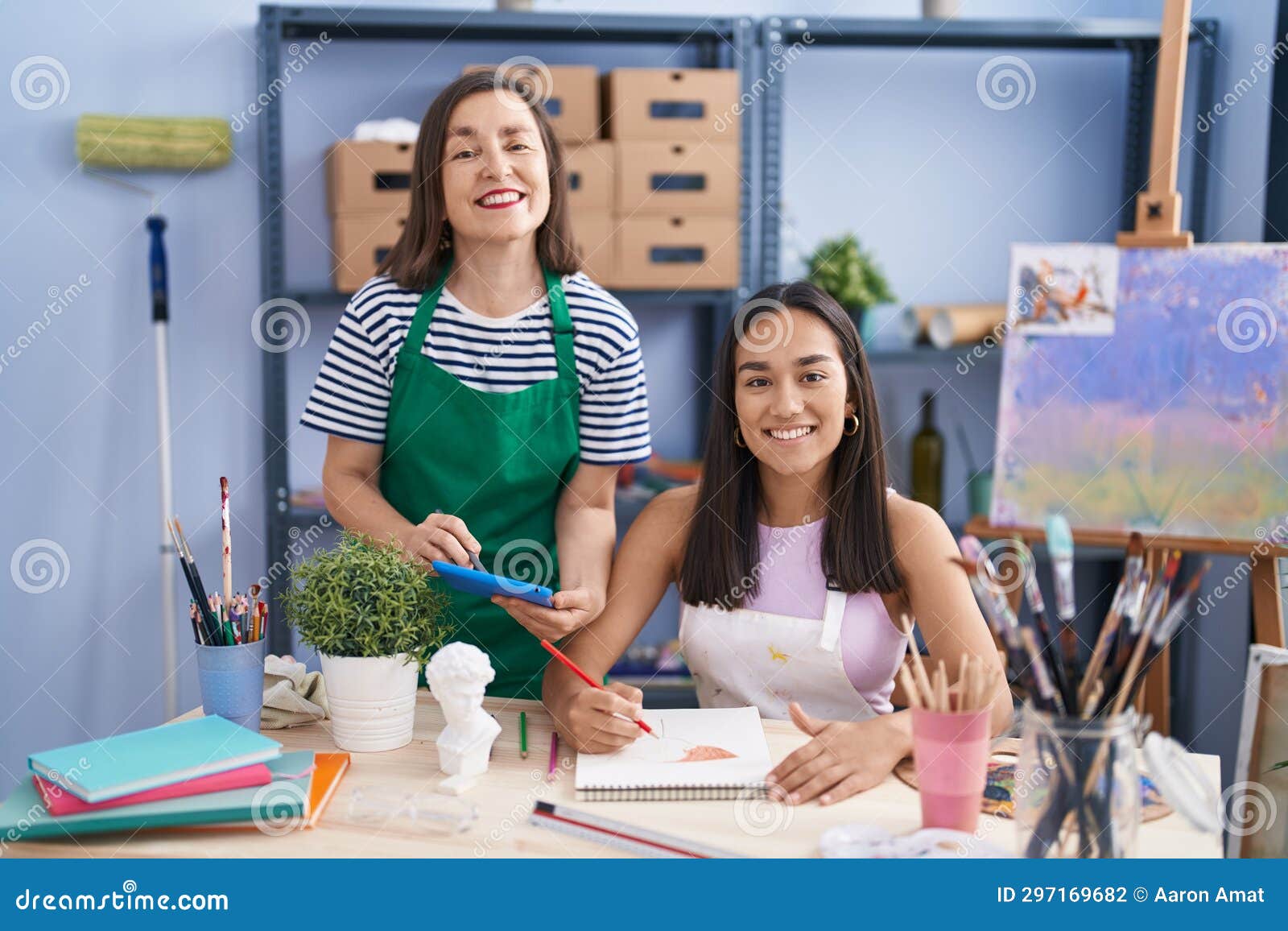 Two Women Artists Using Touchpad Drawing on Notebook at Art Studio ...