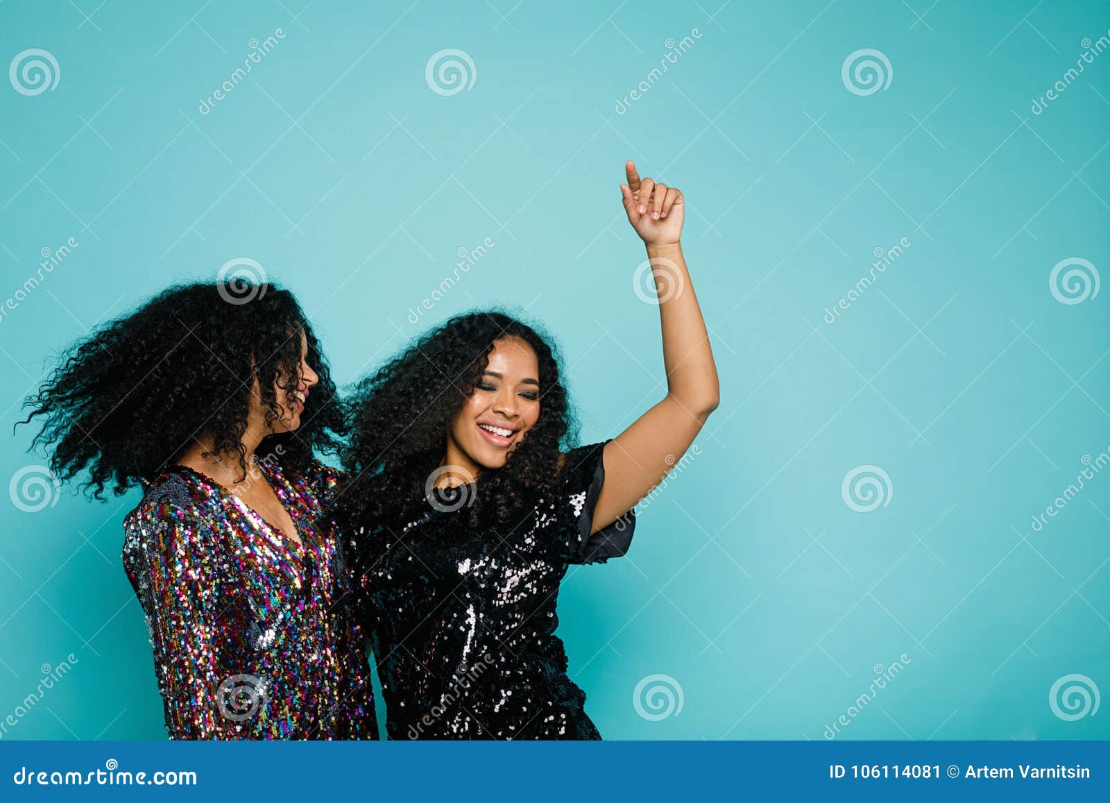 Two Women with Black Curly Hair Dancing in Studio Stock Image - Image ...