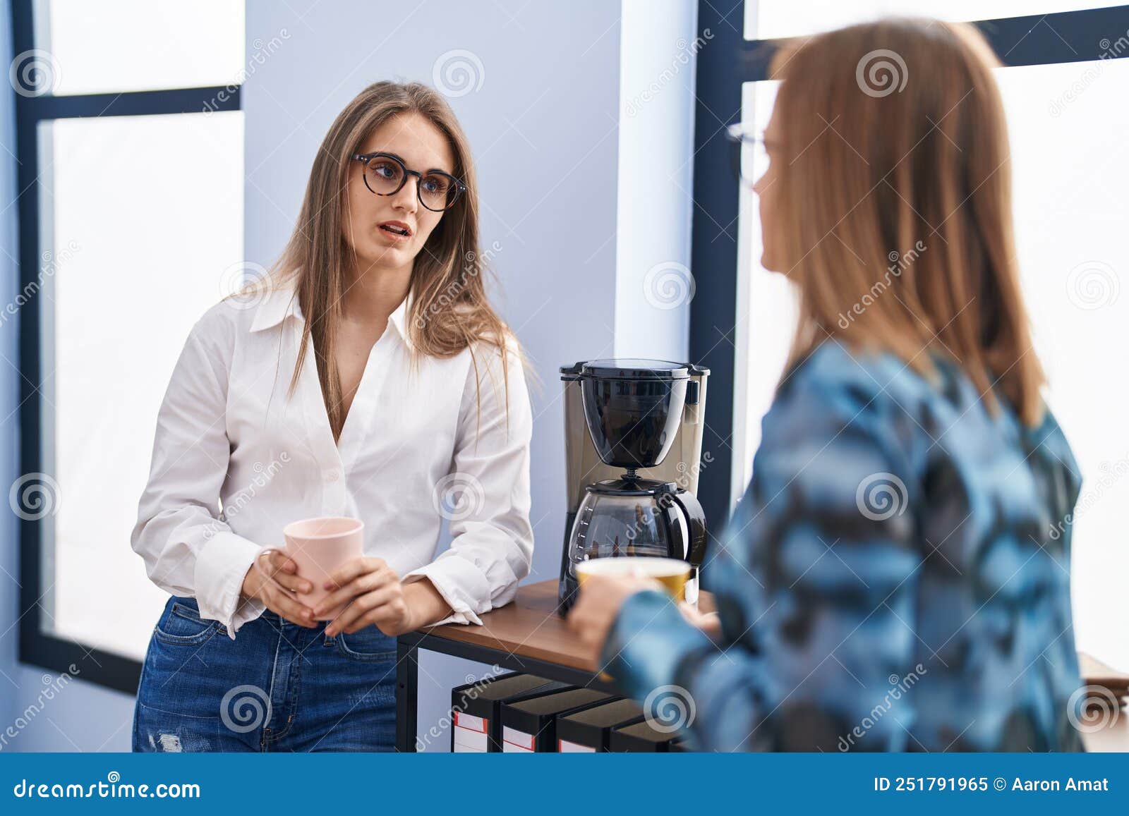 Two Women Business Workers Drinking Coffee Speaking at Office Stock Image - Image of working ...