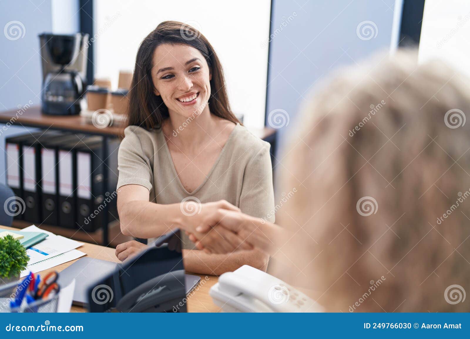Two Women Business Workers Shake Hands at Office Stock Photo - Image of ...