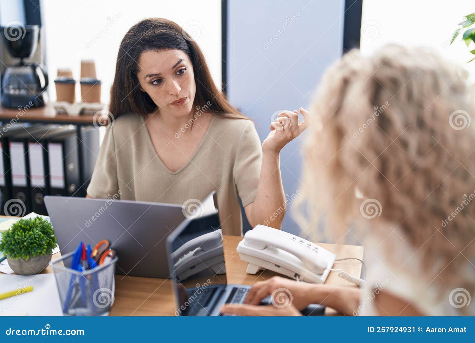 Two Women Business Workers Using Laptop Working at Office Stock Image ...