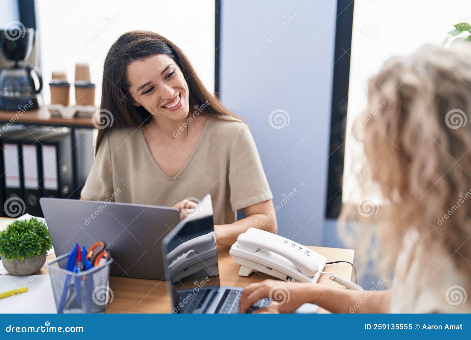 Two Women Business Workers Using Laptop Working at Office Stock Image ...
