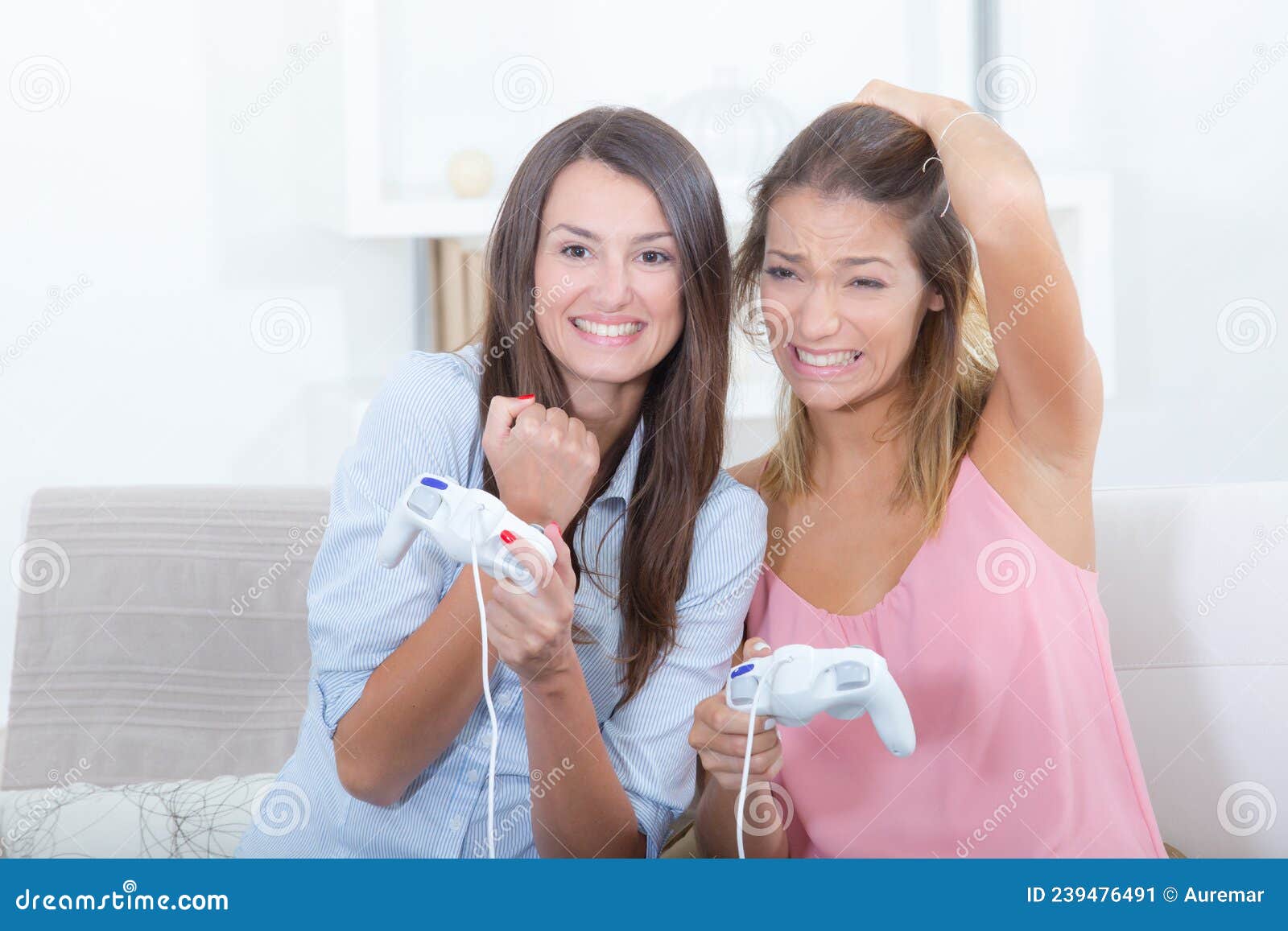 Two Women Competitive Friends Playing Video Games Stock Image - Image ...