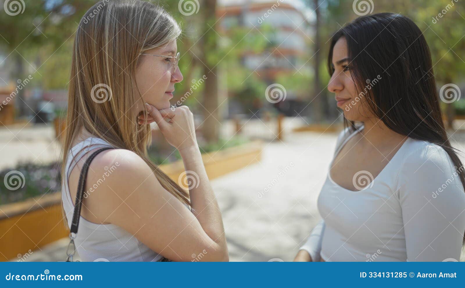 Two Women Conversing in a Sunny Urban Park with Blurred Background ...