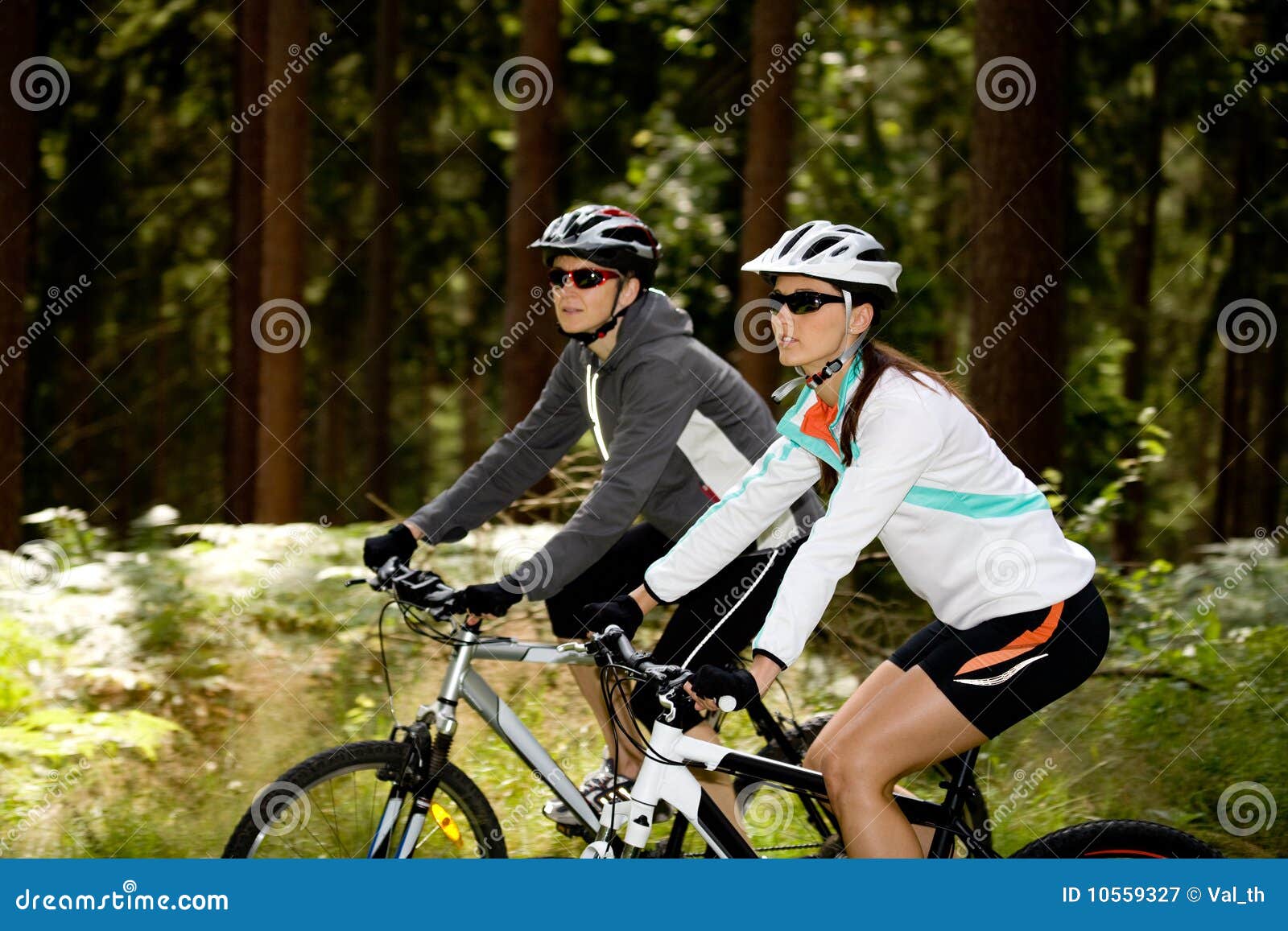 Two Women Cycling in the Forest Stock Image - Image of helmet, female ...