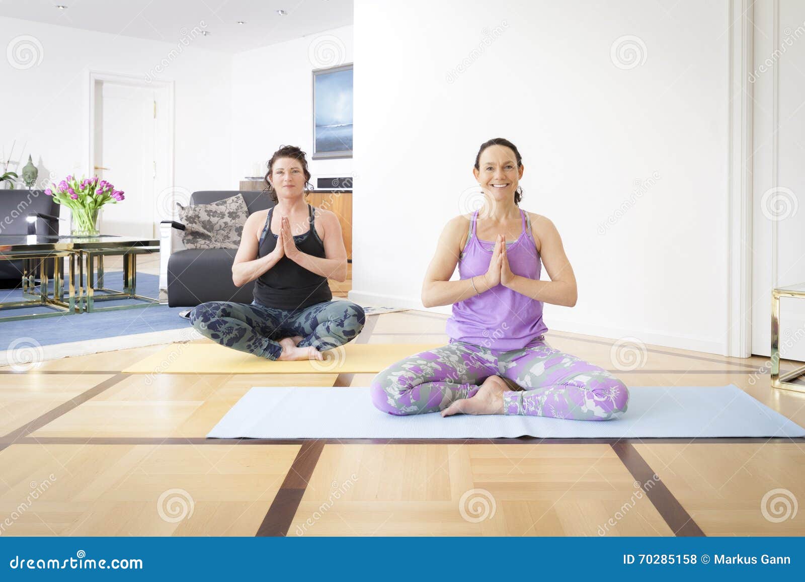 Two Women Doing Yoga at Home Stock Photo - Image of living, female ...