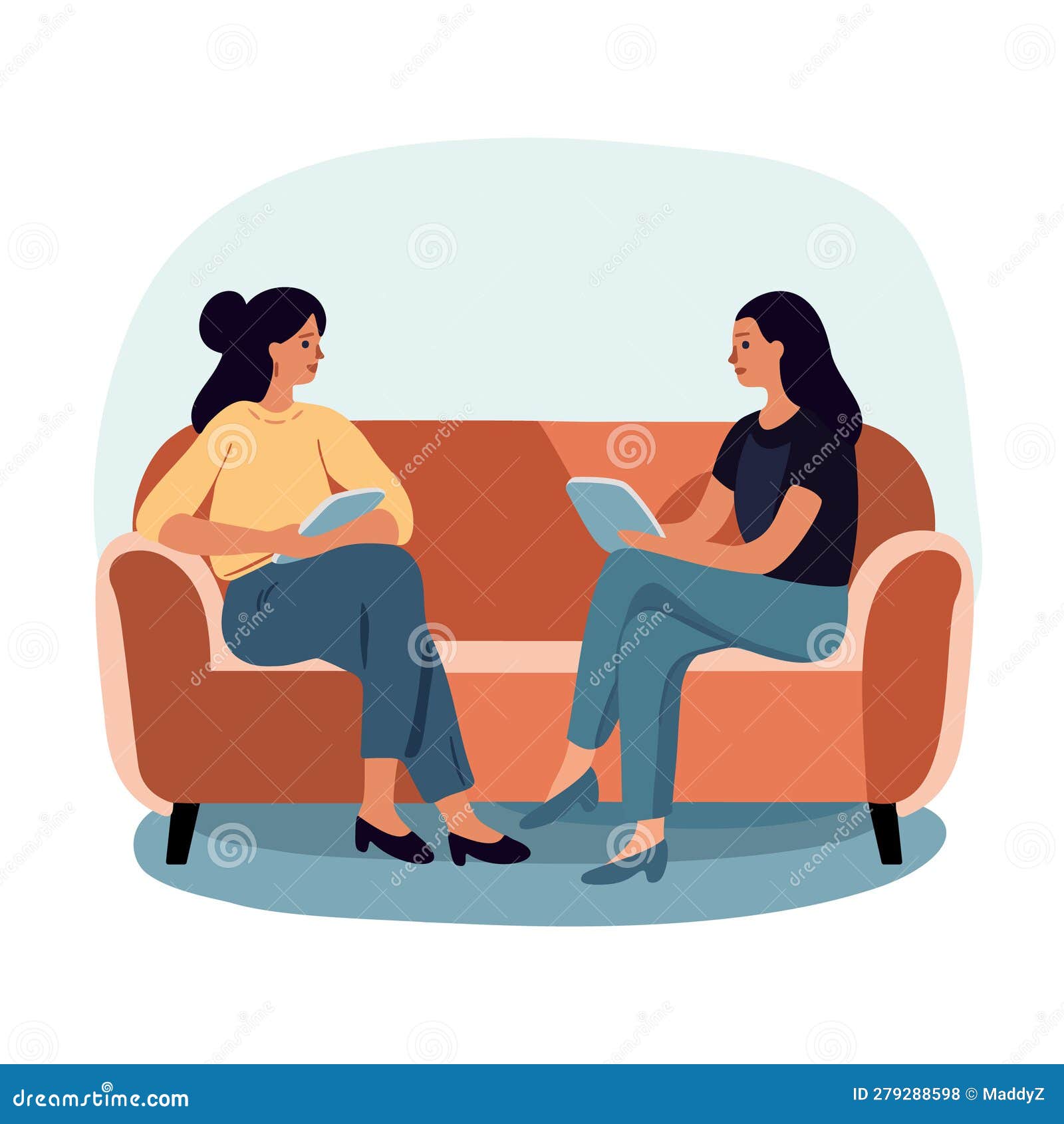 Two Women Dressed Casually Sitting on a Sofa and Having Conversation ...