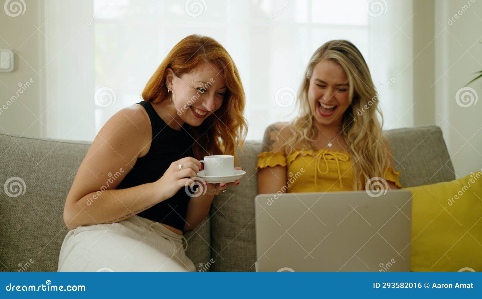 Two Women Drinking Coffee Using Laptop at Home Stock Photo - Image of ...