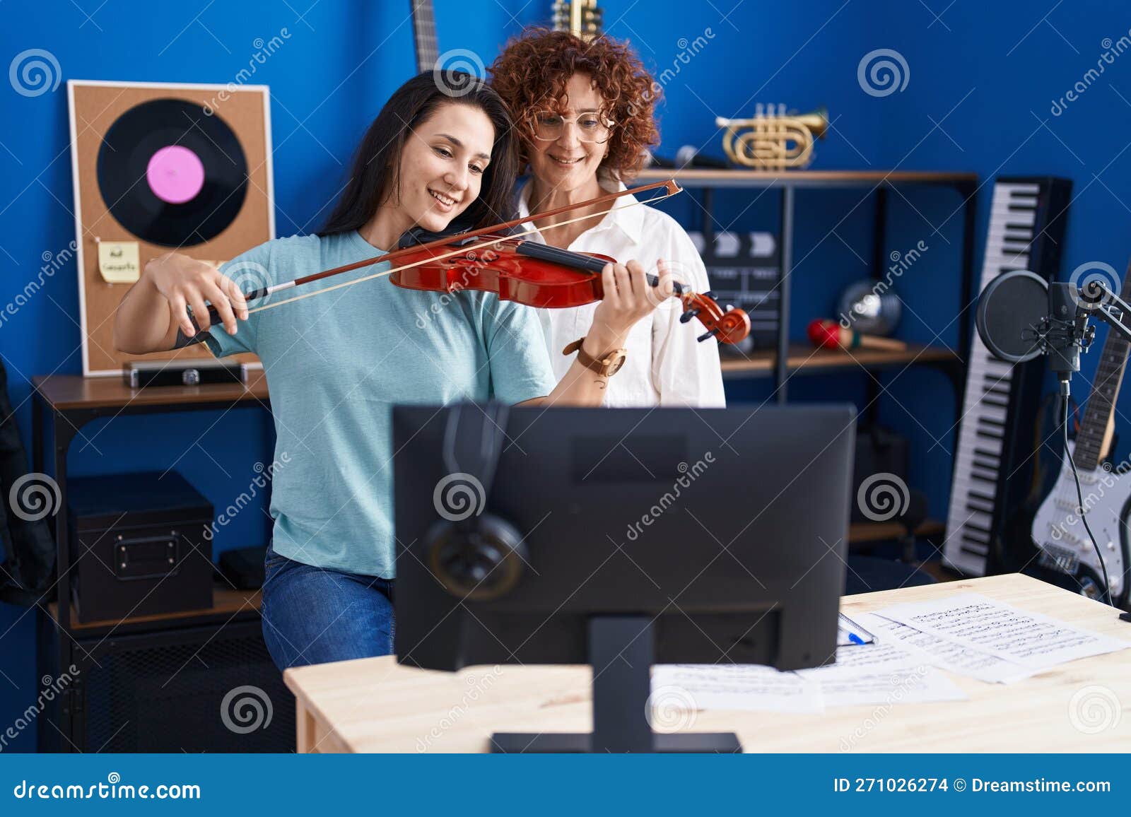 Two Women Having Violin Lesson at Music Studio Stock Photo - Image of ...