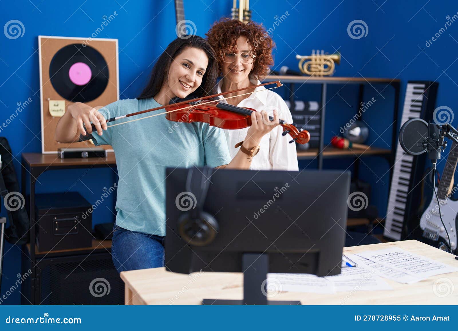 Two Women Having Violin Lesson at Music Studio Stock Image - Image of ...