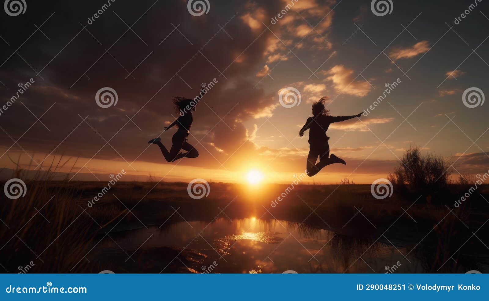 Two Women Jump in the Sunset. Generative Ai Stock Image - Image of ...