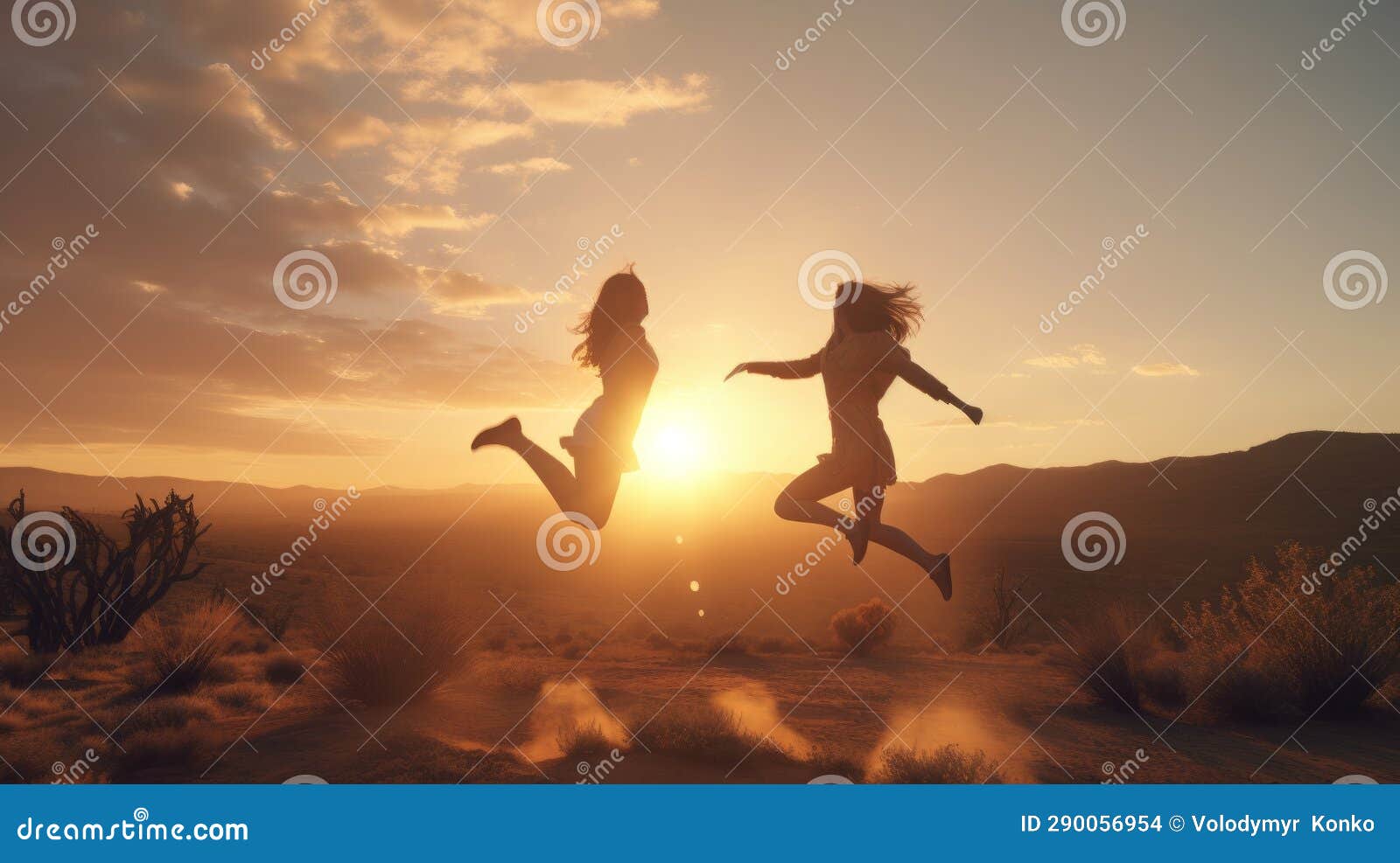 Two Women Jump in the Sunset. Generative Ai Stock Illustration ...