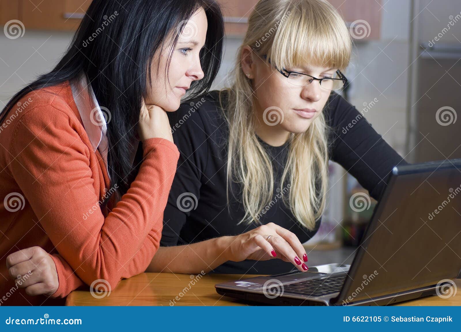 Two women on laptop stock image. Image of brunette, careful - 6622105