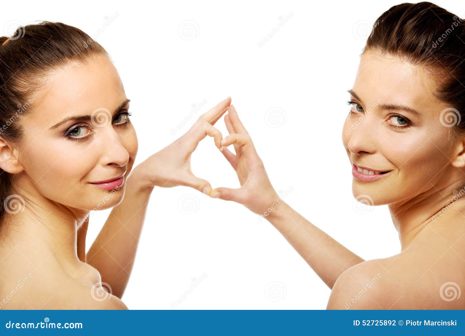Two Women Making Heart with Fingers. Stock Photo - Image of makeup ...