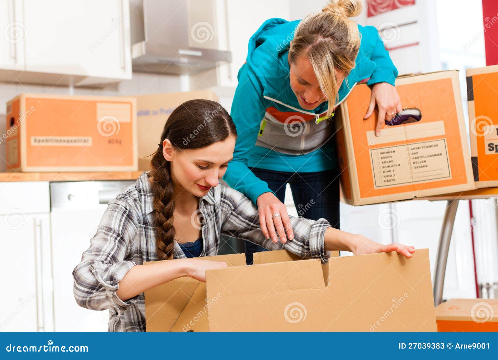 Two Women with Moving Box in Her House Stock Image - Image of company ...