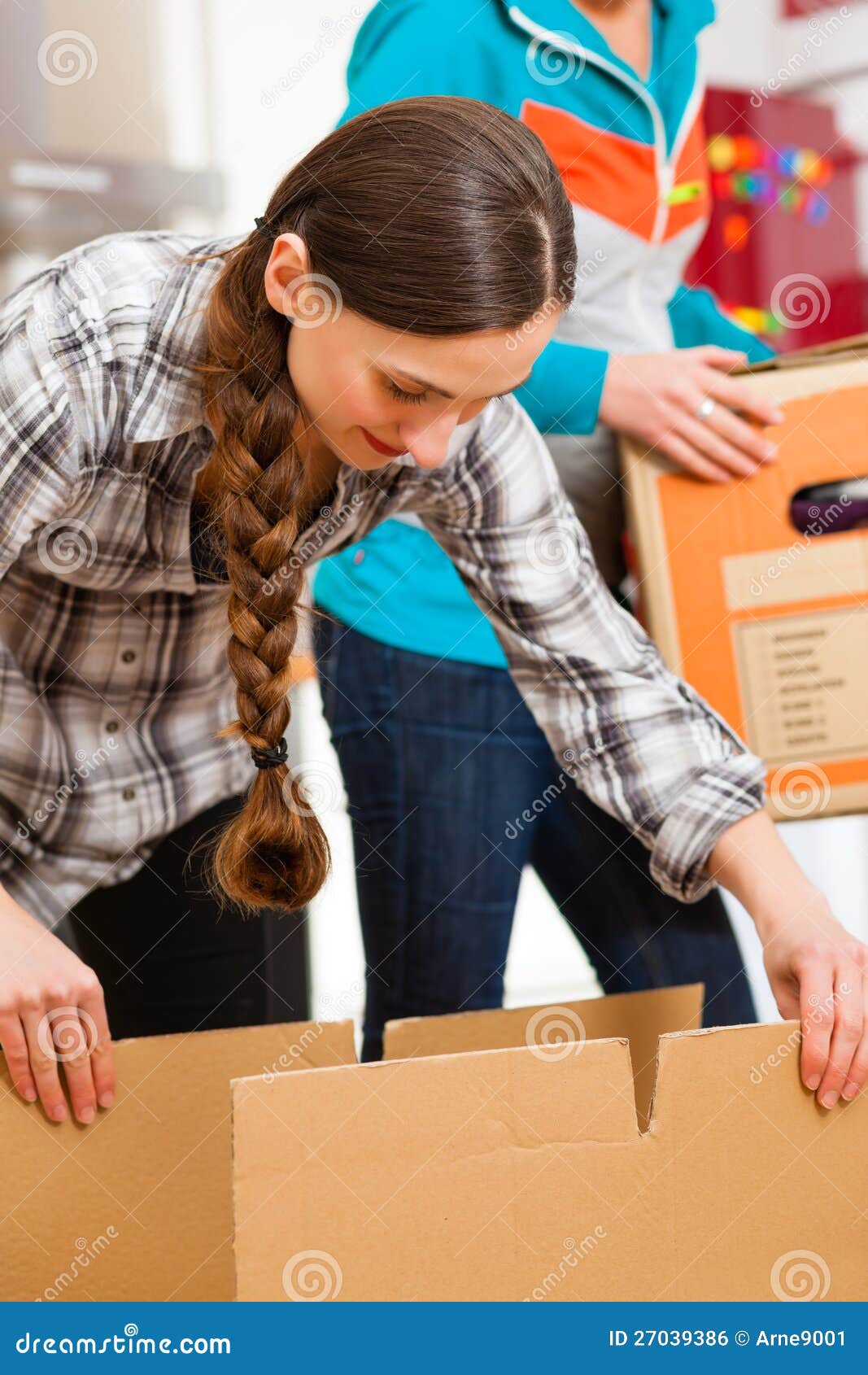 Two Women with Moving Box in Her House Stock Photo - Image of house ...