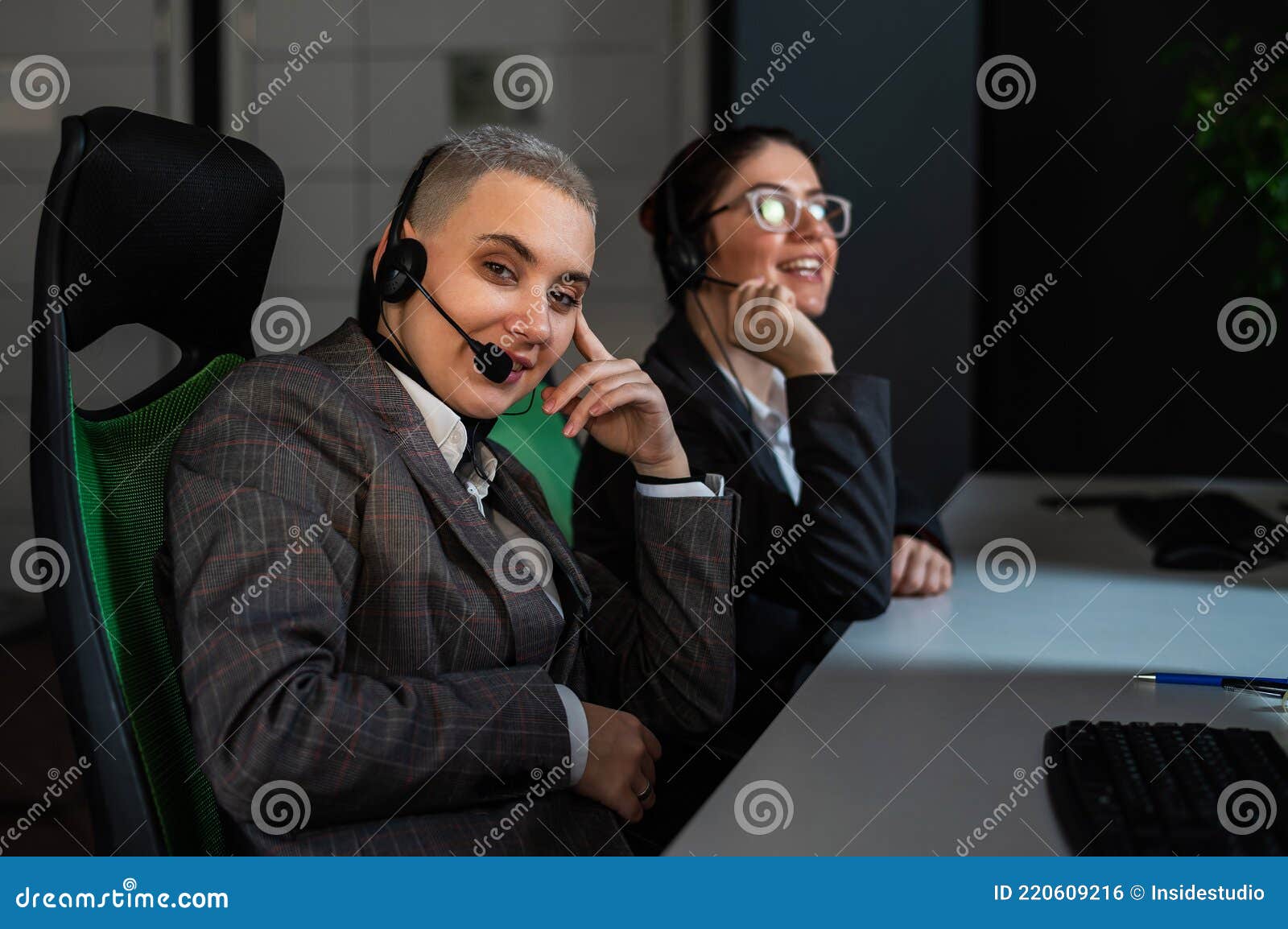 Two Women in Protective Masks are Bored at Work. Call Center Operators ...