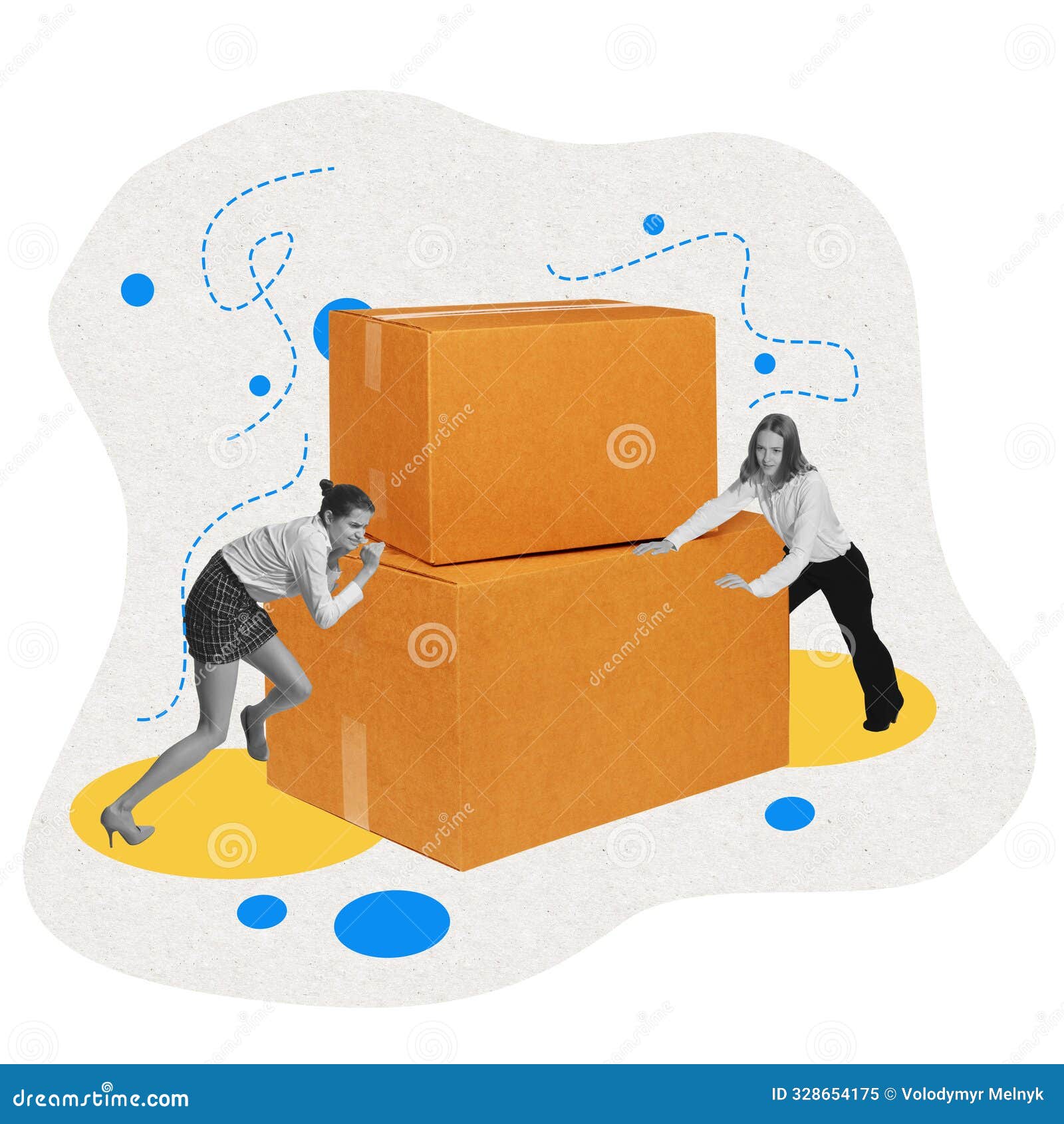 Two Women Pushing Carton Boxes with Drawn Routine Lines Above. Managing ...