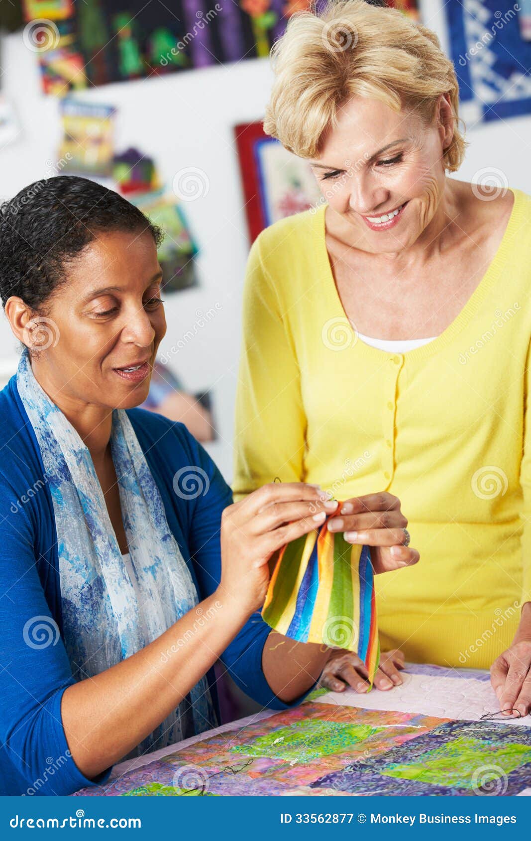 Two Women Sewing Quilt Together Stock Image - Image of people, quilting ...