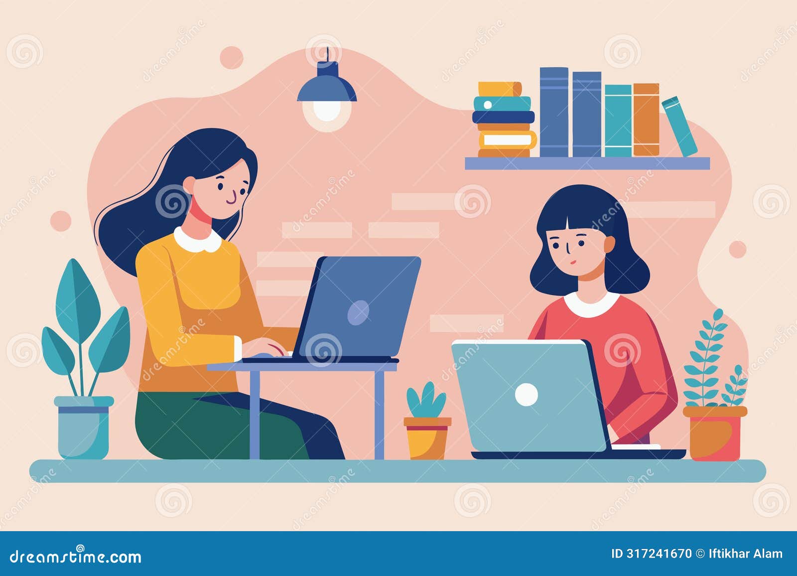 Two Women Sitting at a Table, Focused on Their Laptops, Working on ...