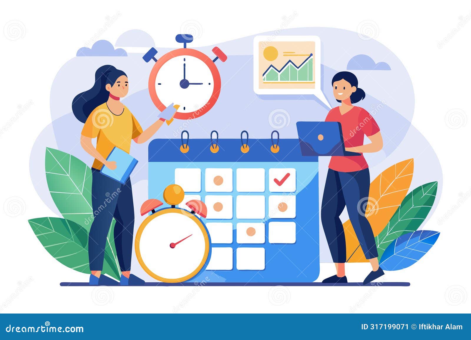 Two Women, Small in Size, are Carefully Observing a Calendar and Clock ...