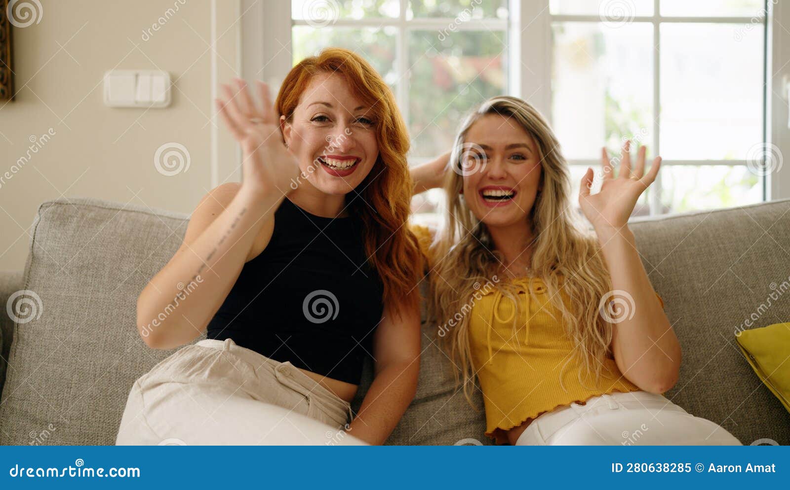 Two Women Smiling Confident Saying Hello at Home Stock Image - Image of ...