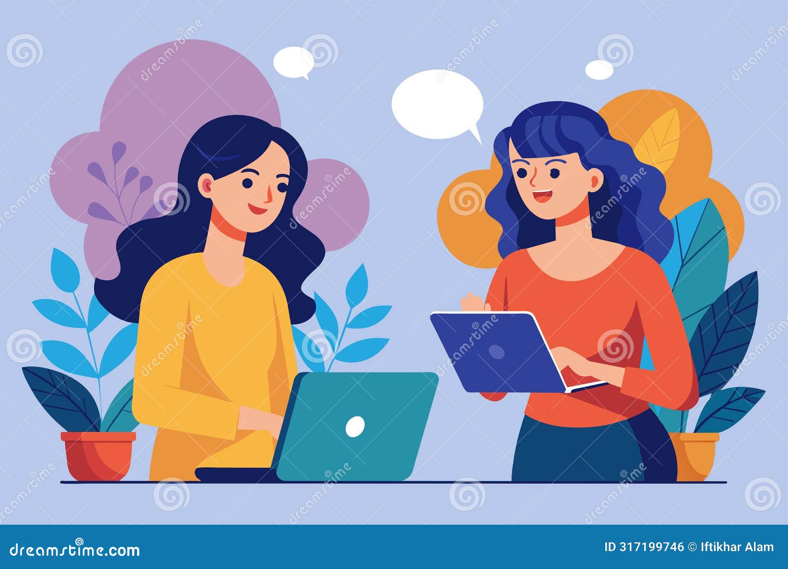 Two Women Standing Side by Side, Engaged in Conversation while Using ...