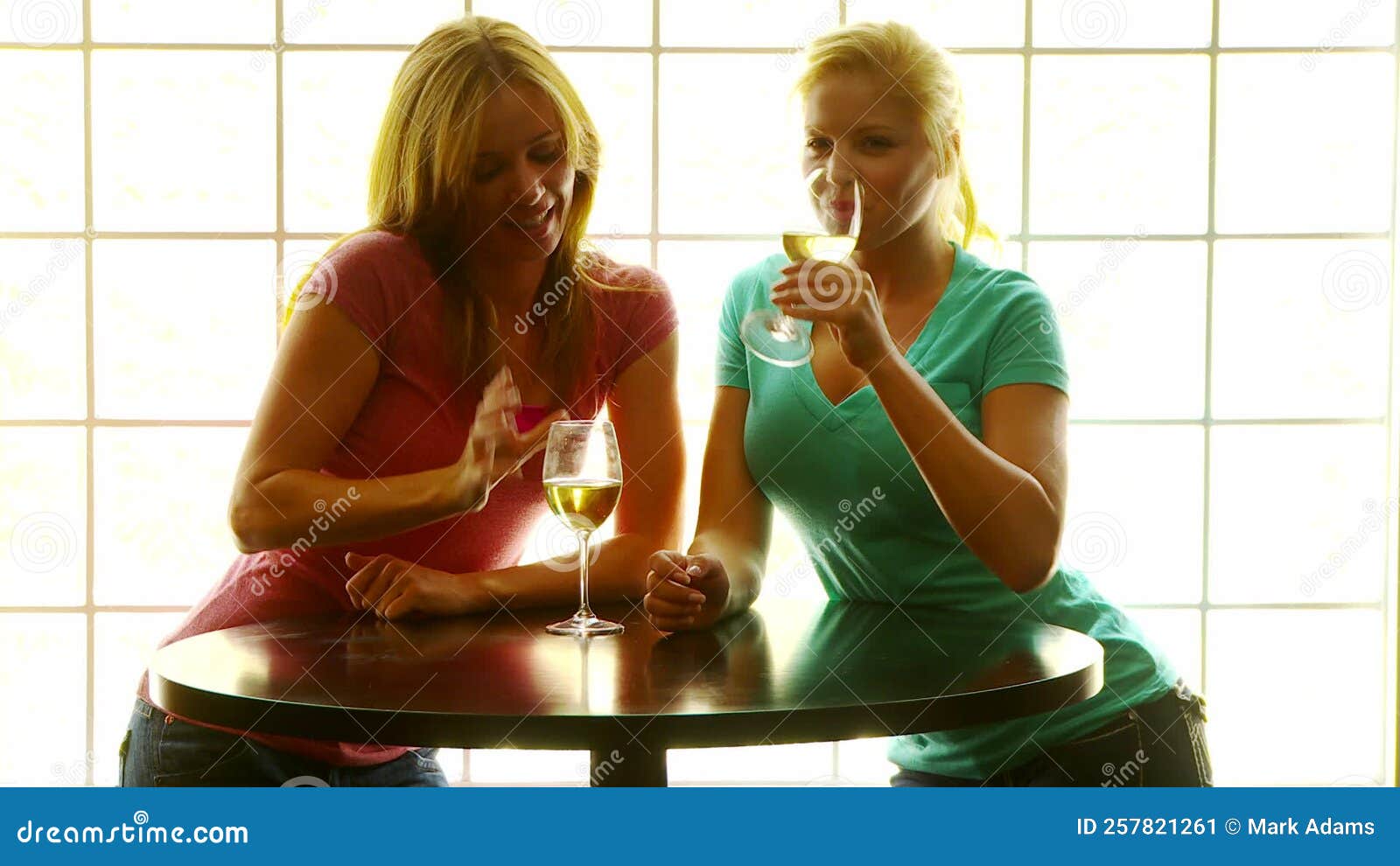 Two Women Standing at a Table Drinking Wine, Looking at Camera Stock ...