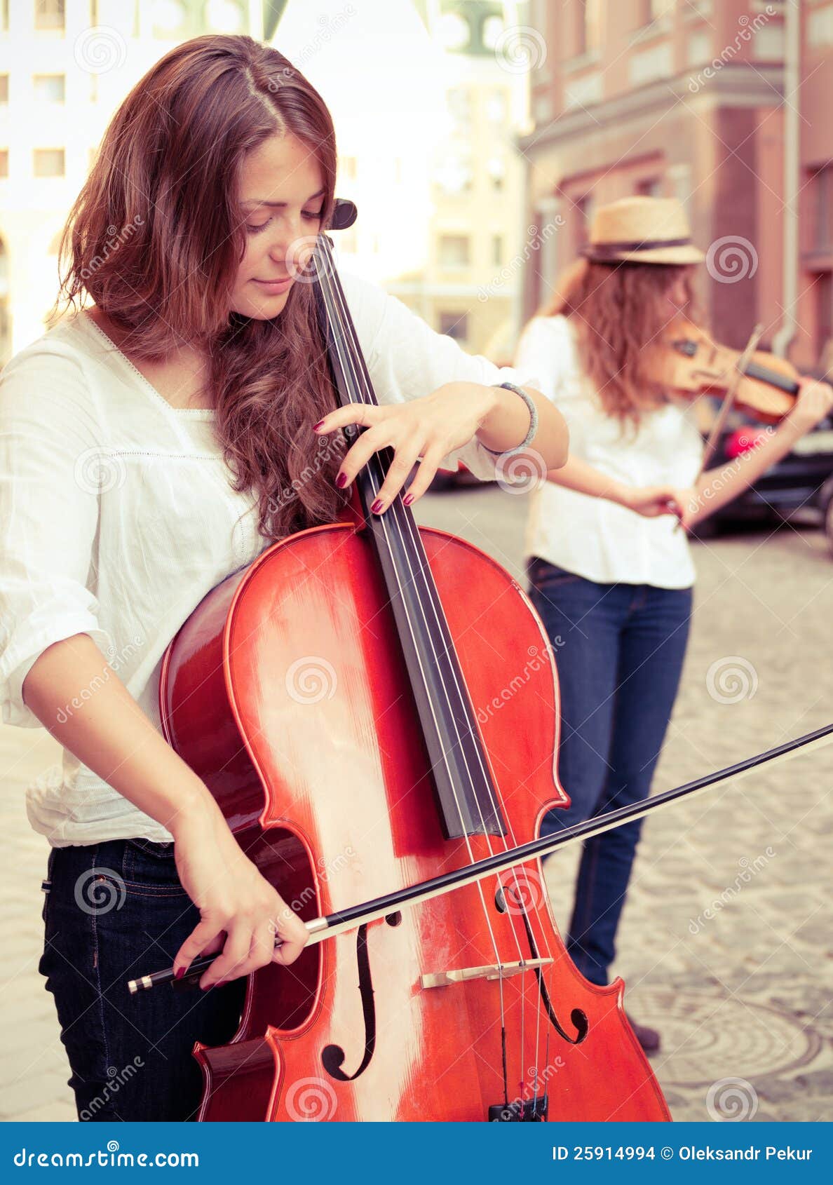 Two Women Strings Duet Playing Stock Photo - Image of fiddler, outdoors ...
