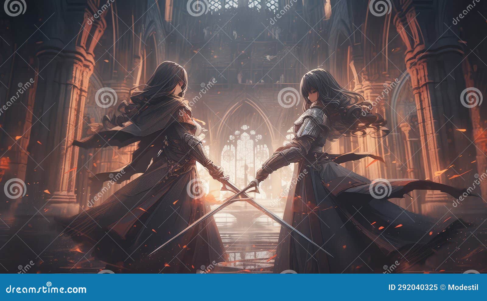 Two Women Sword Fighting - Generative AI Stock Illustration ...