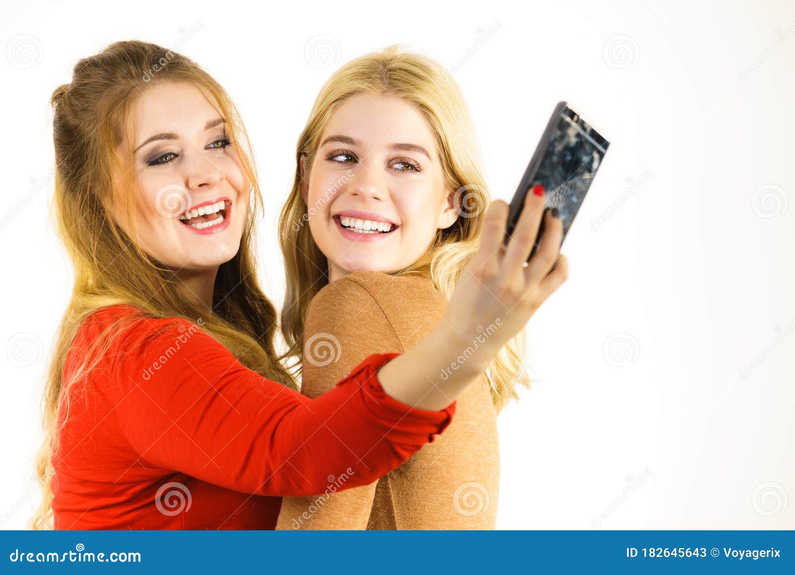 Two Women Taking Selfie Using Smartphone Stock Image Image Of Young