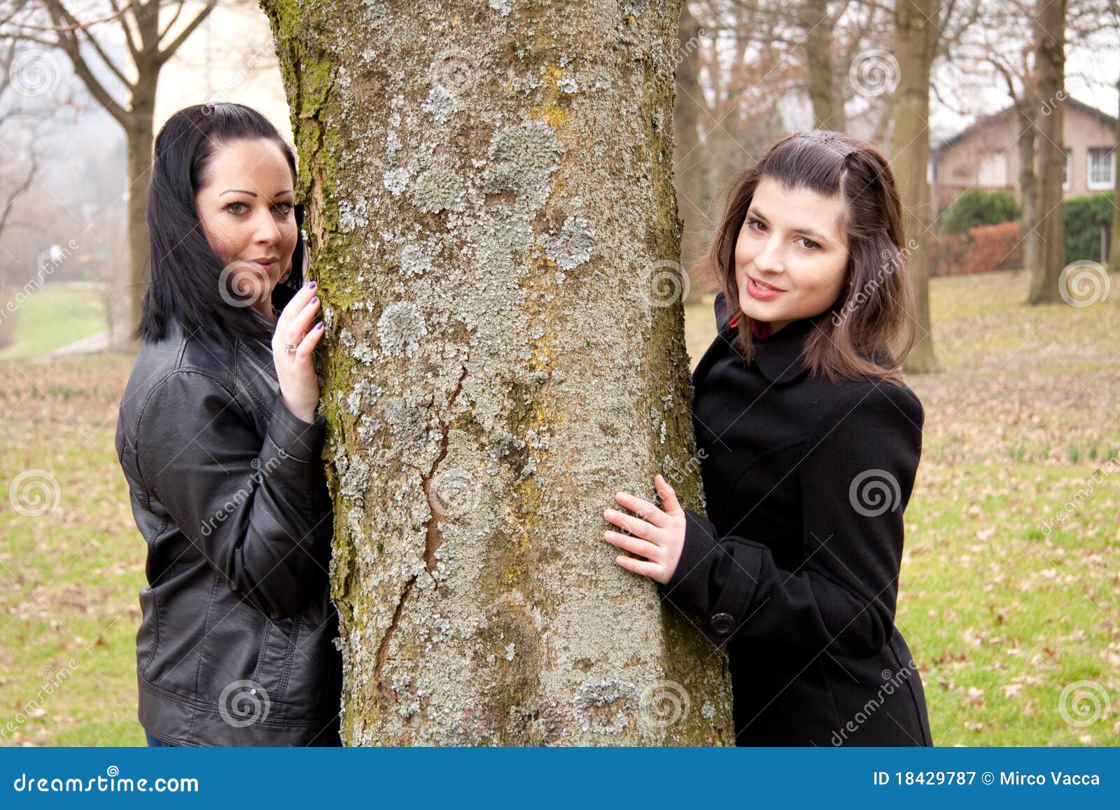 Two women by a tree stock image. Image of hair, nature - 18429787