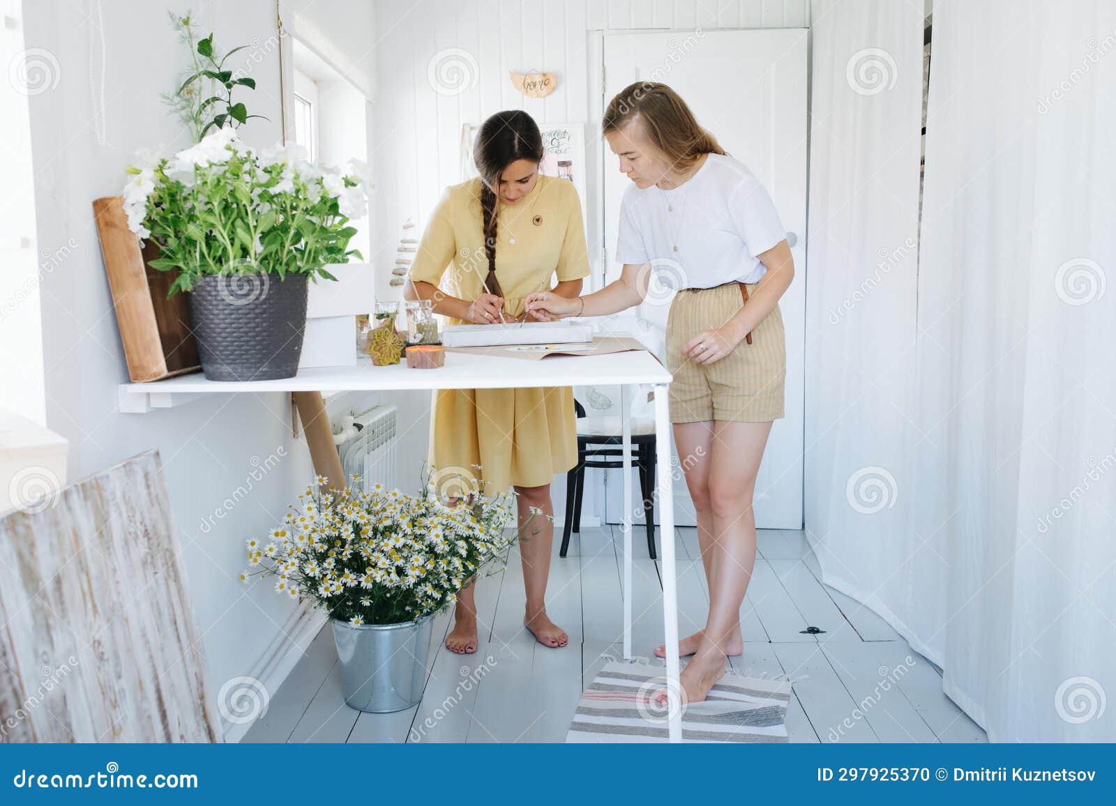 Two Women are Drawn by a High Table Stock Photo - Image of lady ...