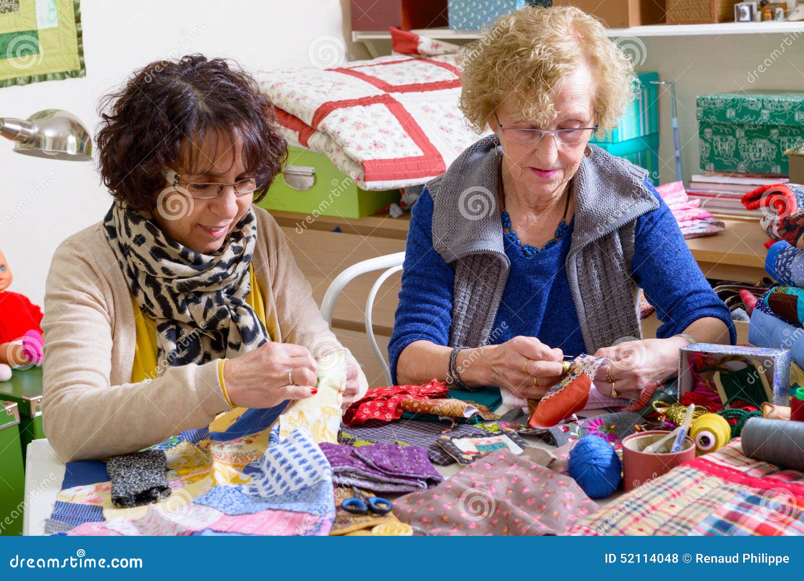 Two Women Working on Their Quilting Stock Photo - Image of needlewoman ...