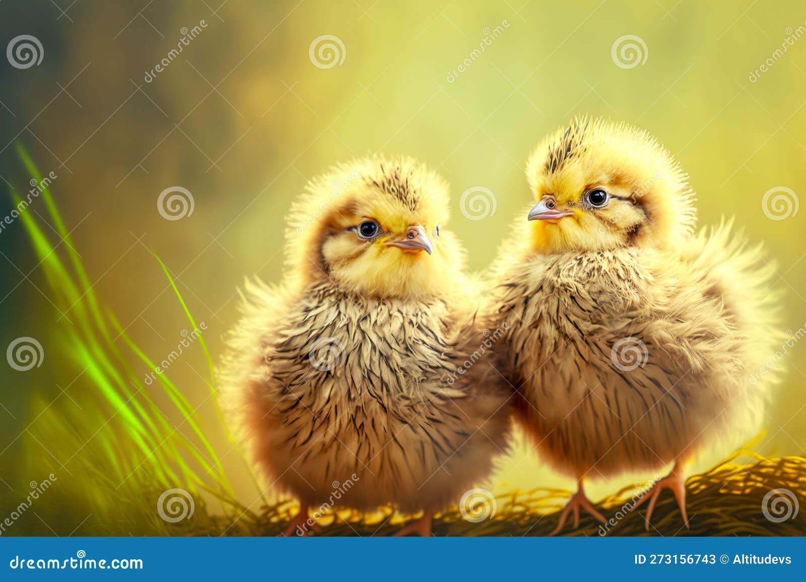 Two Wonderful Yellow Chicks Sit Together on Grass Stock Illustration ...