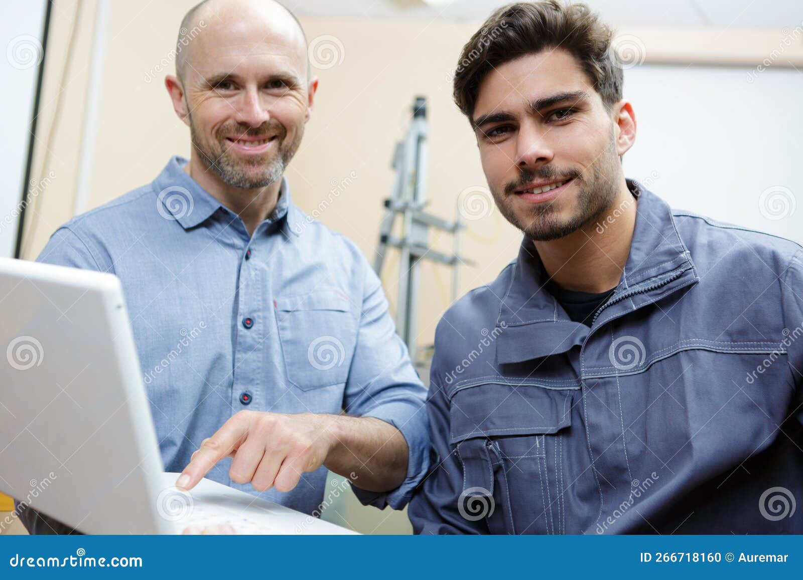 Two Wood Designer Working with Laptop in Workshop Stock Photo - Image ...