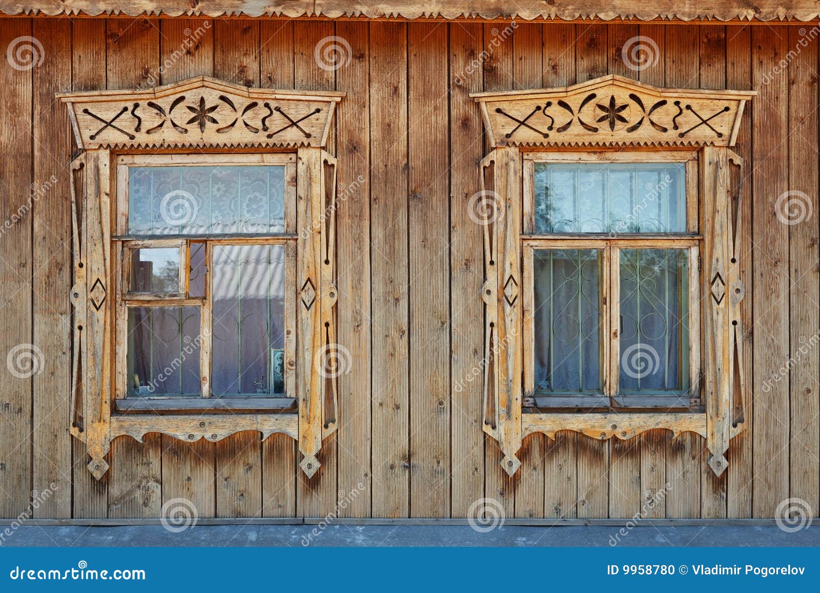 Two Wood Ornate Windows in Russian Old Style Stock Photo - Image of ...