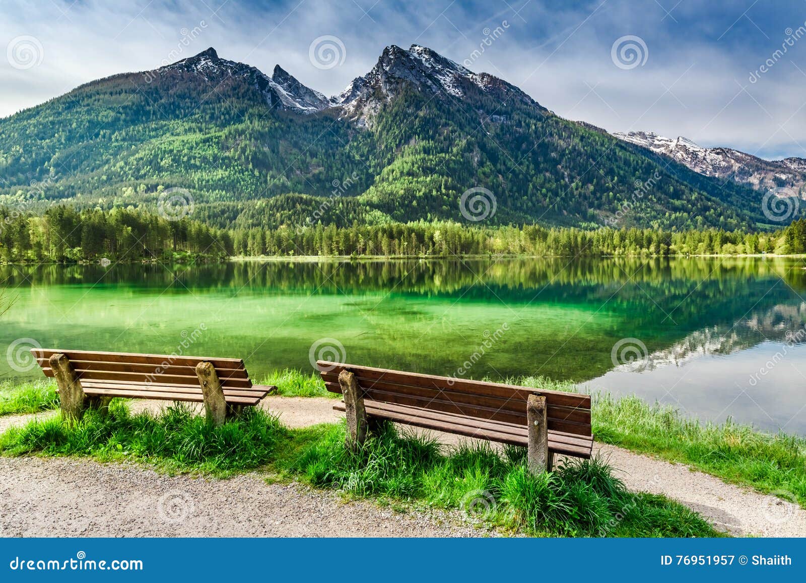 Two Wooden Bench at the Hintersee Lake in the Alps Stock Image - Image ...