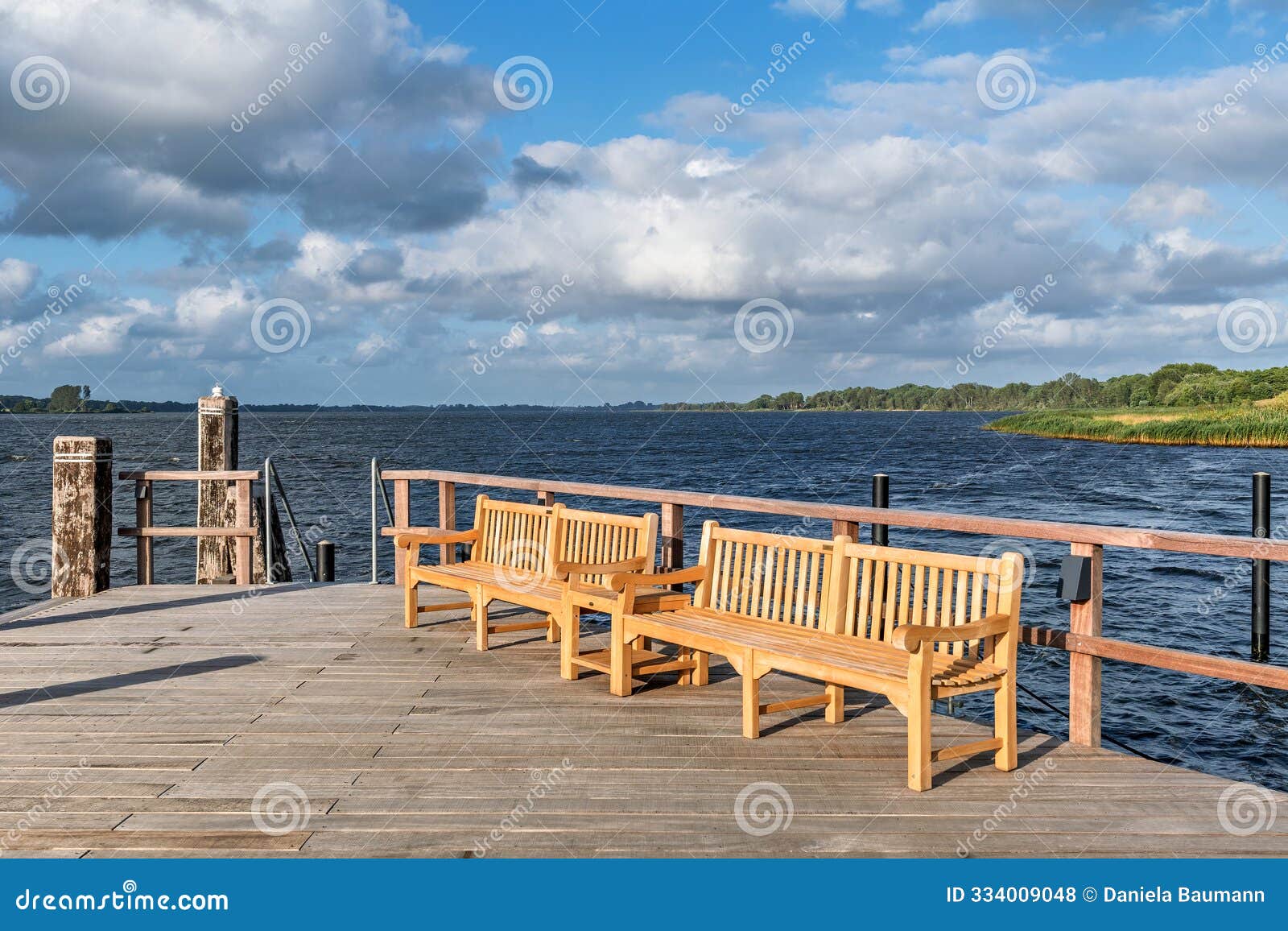 Two Wooden Benches on a Wooden Deck on a Lake Stock Photo - Image of ...