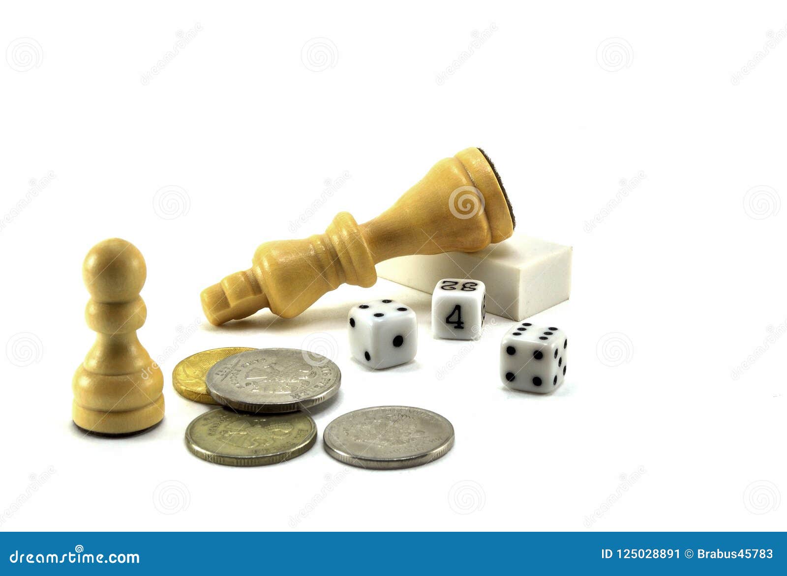 Two Wooden Chess Pieces, Coins, and Dice. Stock Image - Image of money ...