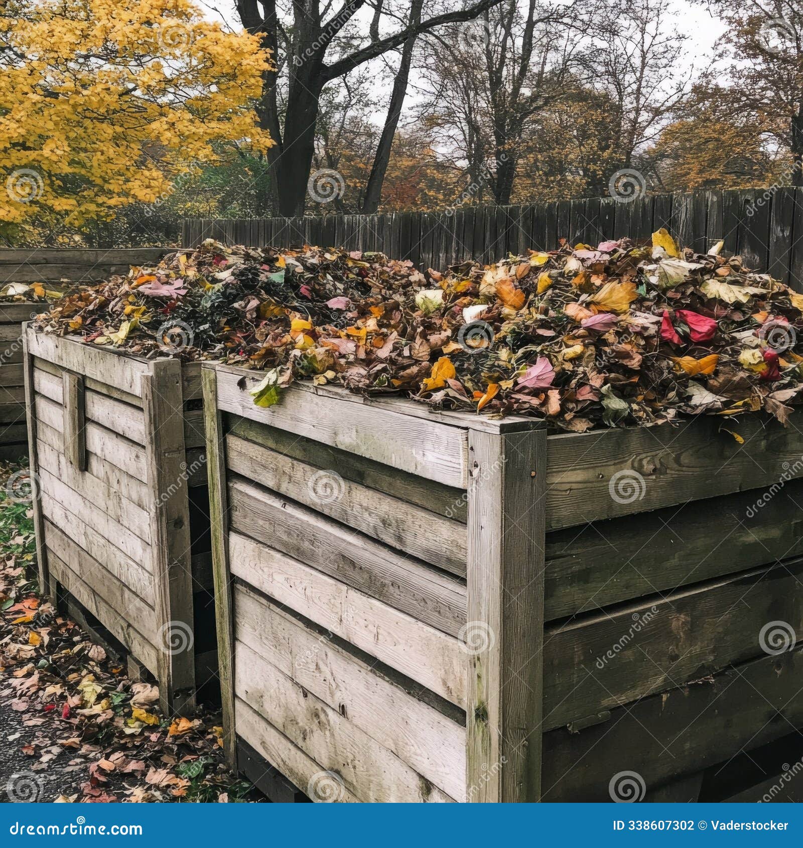 Two Wooden Compost Bins Overflowing With Fall Leaves Stock Photography ...