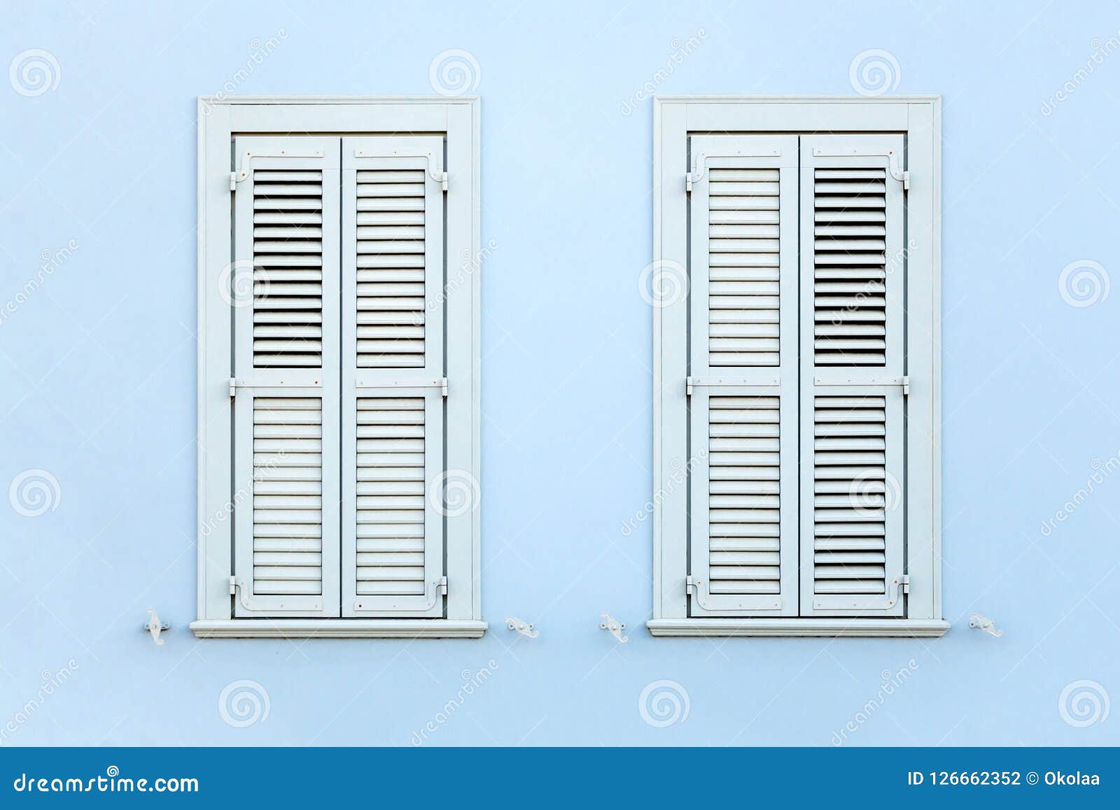 Two Wooden Retro Style Windows with Shutters, on Clean Painted Wall ...